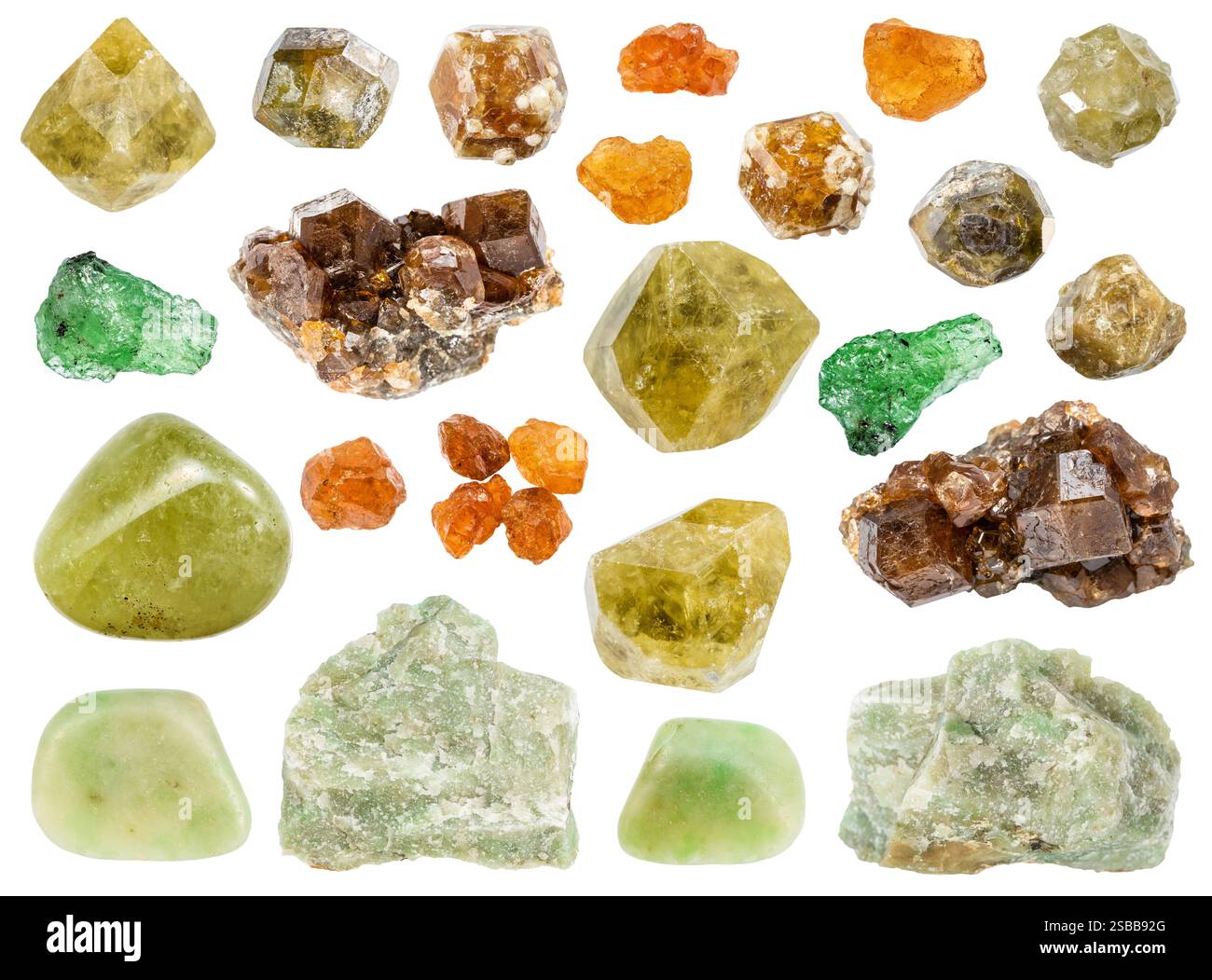 set of various samples of raw grossular garnet minerals isolated on ...
