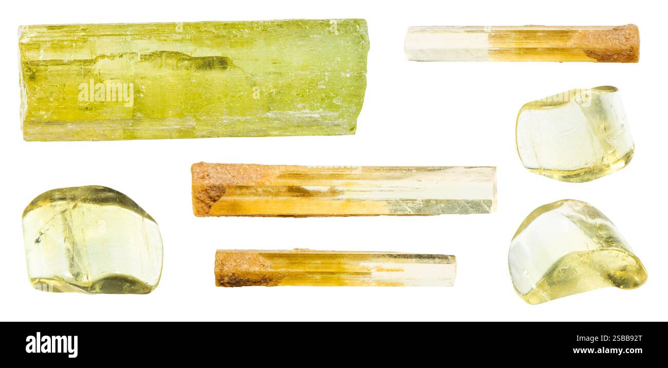 set of various samples of raw heliodor minerals isolated on white ...