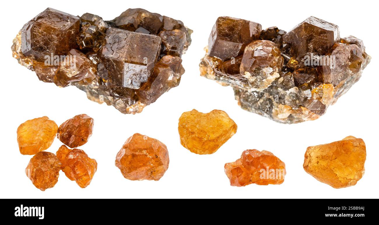 set of various samples of raw hessonite minerals isolated on white ...