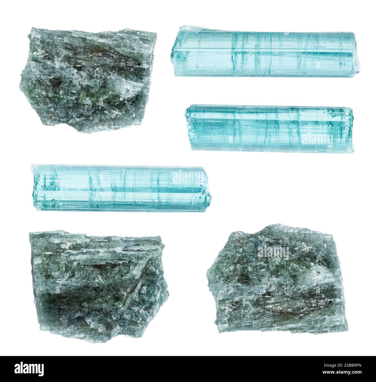 set of various samples of raw indicolite tourmaline minerals isolated ...