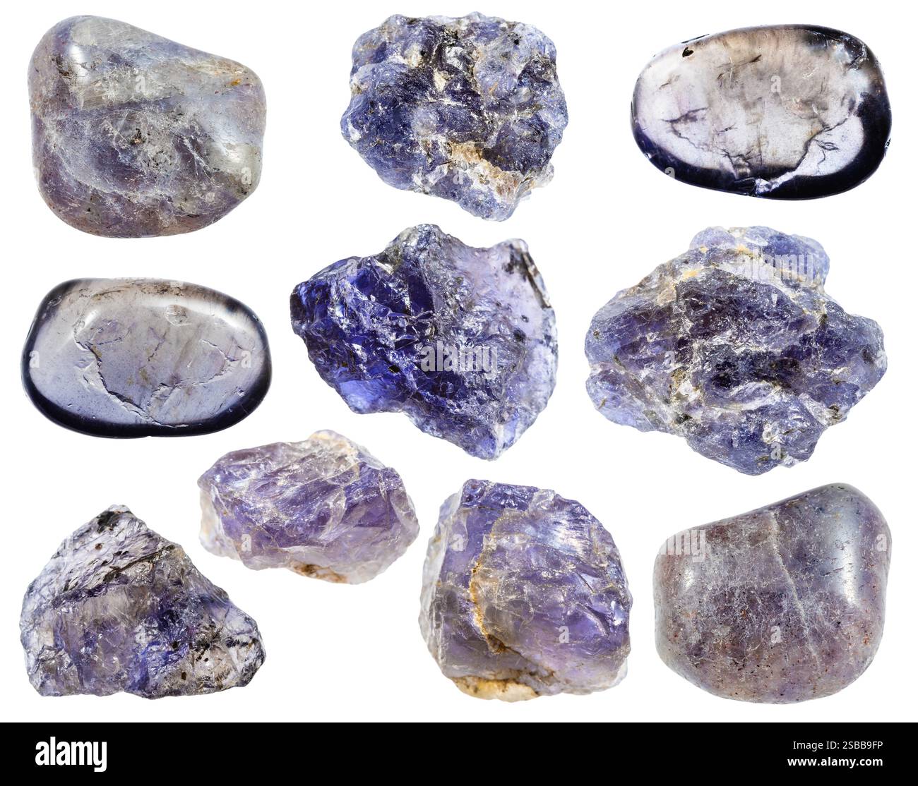 set of various samples of raw iolite minerals isolated on white ...