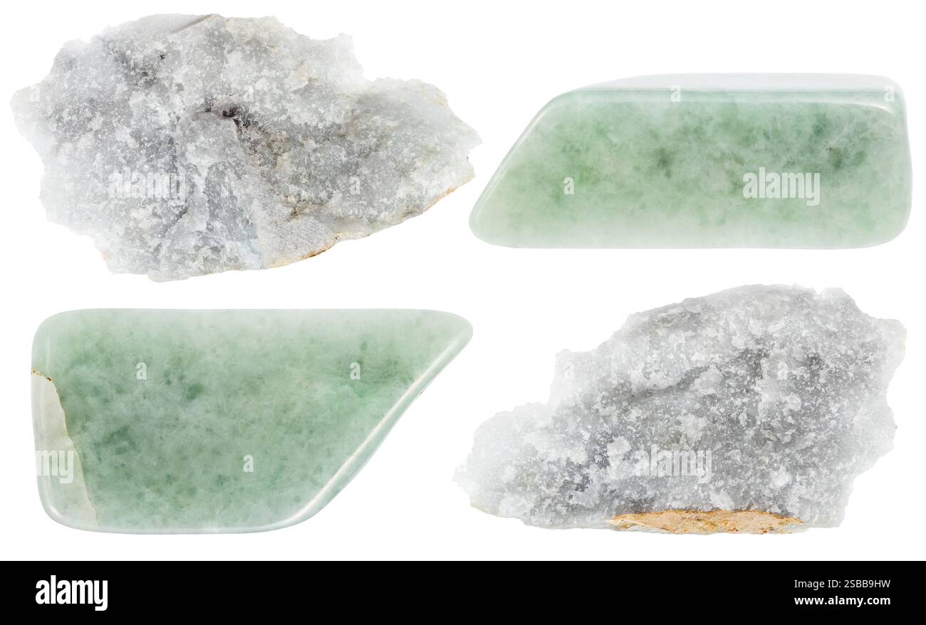 set of various samples of raw jadeite minerals isolated on white ...
