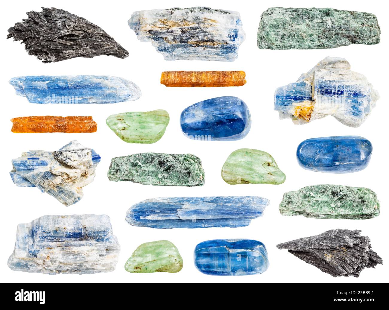 set of various samples of raw kyanite minerals isolated on white ...