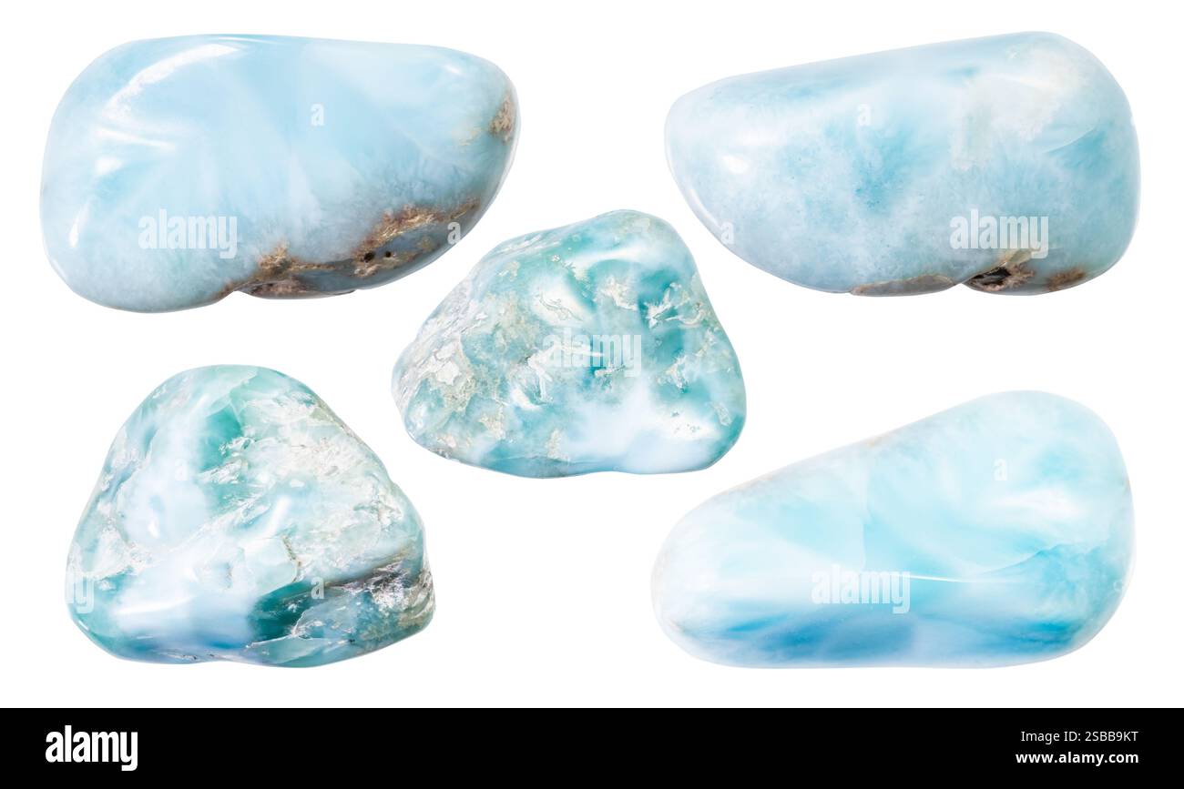 set of various samples of raw larimar minerals isolated on white ...