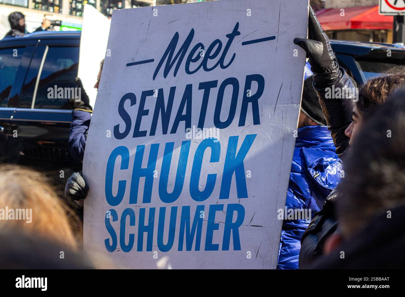 New York City, USA. 1st February, 2025. A sign reading "Meet Senator ...