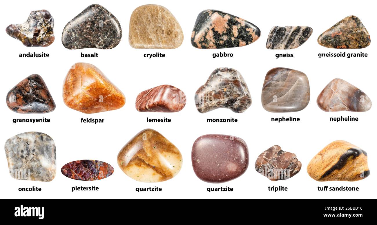 collection of red brown polled minerals with names isolated on white ...