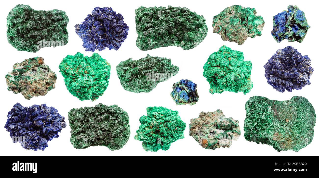 set of various samples of raw malachite and azurite minerals isolated ...