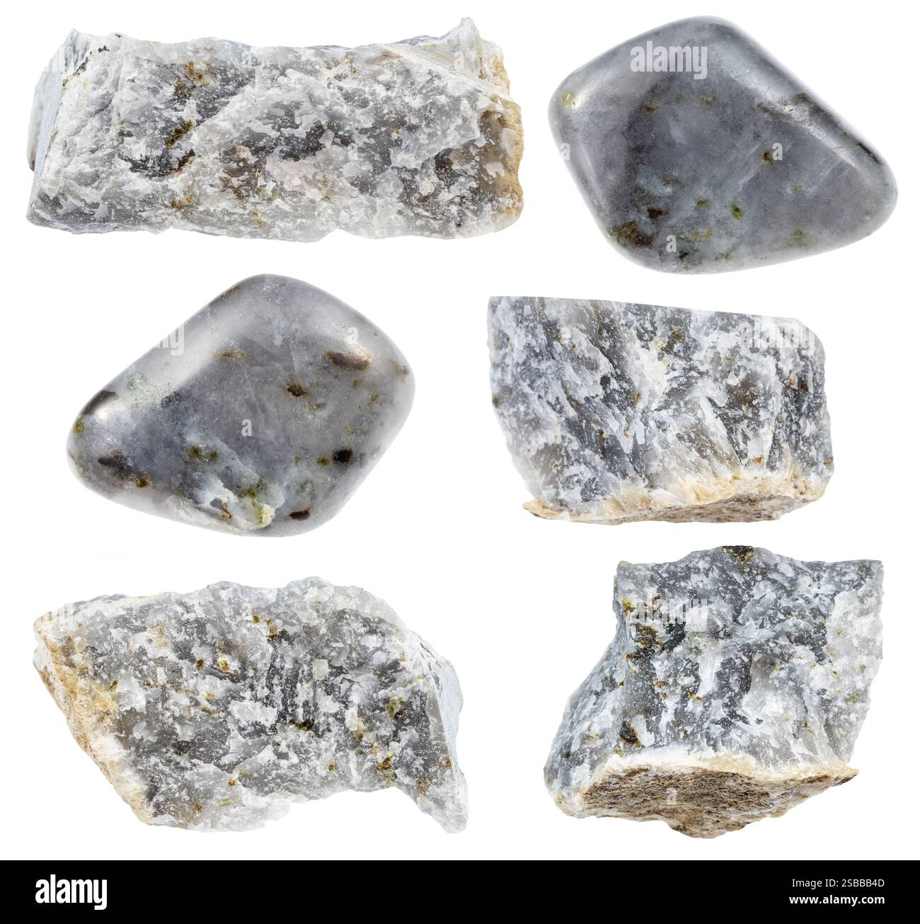 set of various samples of raw melilite minerals isolated on white ...