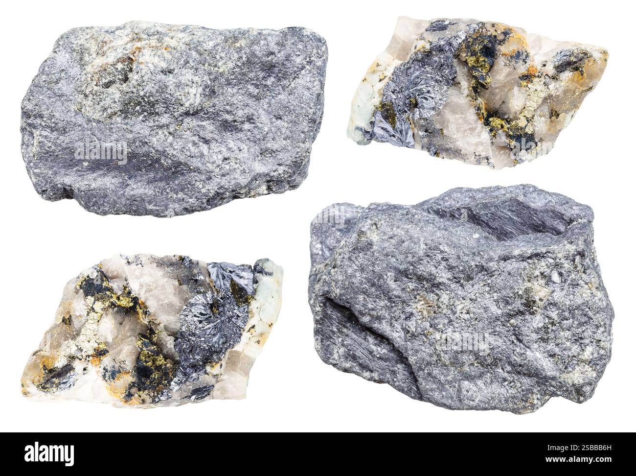 set of various samples of raw molybdenite minerals isolated on white ...