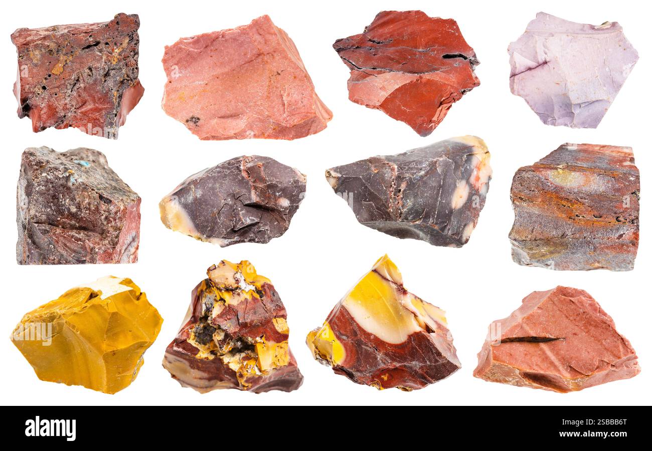 set of various samples of raw mookaite minerals isolated on white ...