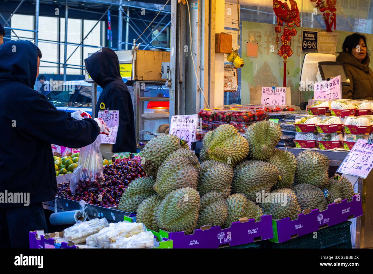 New York City, USA. 1st February, 2025. Durians for sale at a produce ...