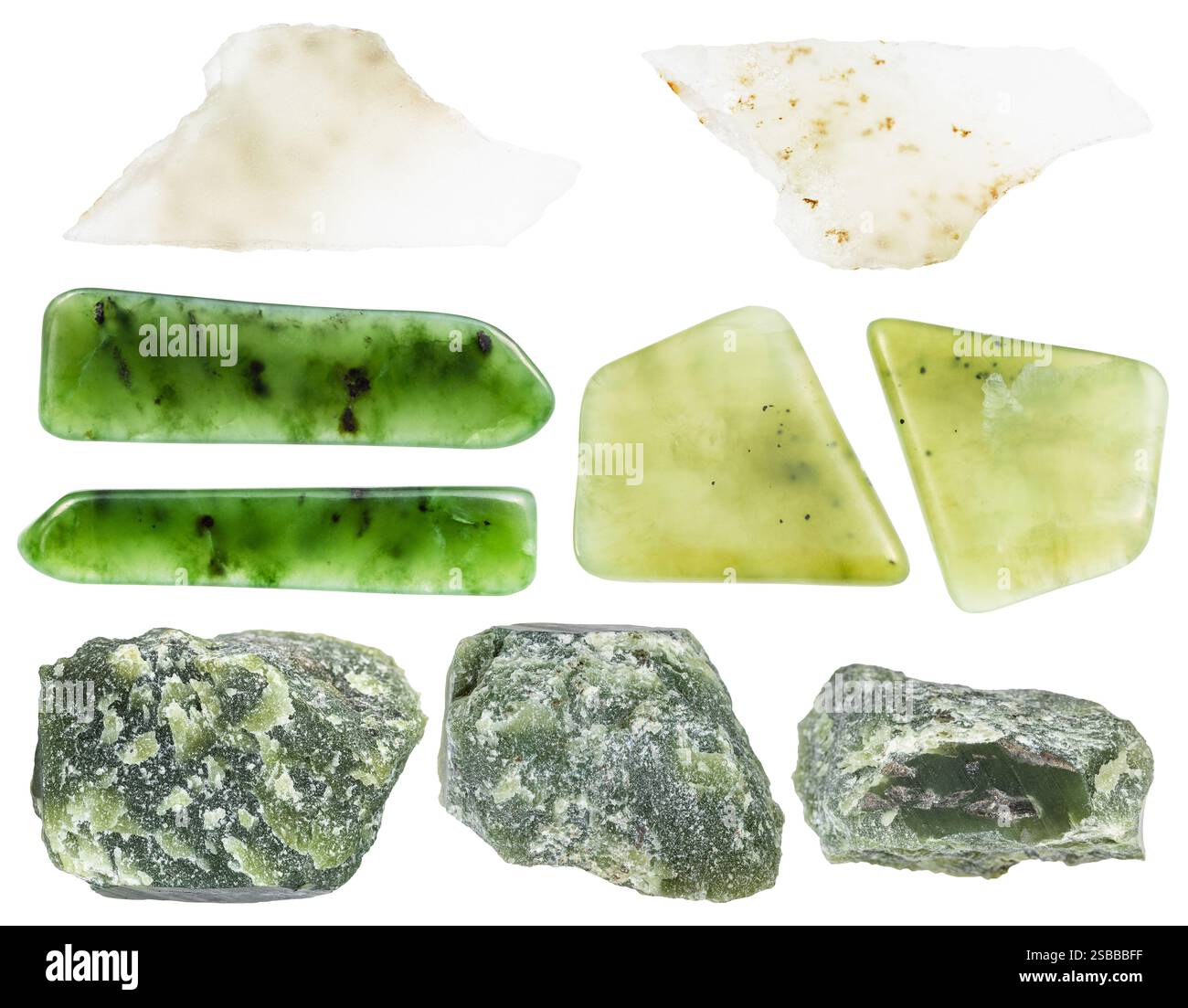 set of various samples of raw nephrite minerals isolated on white ...