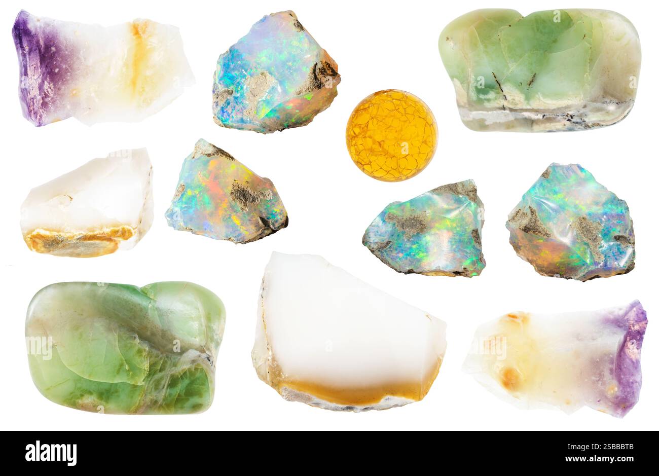 set of various samples of raw opal minerals isolated on white ...