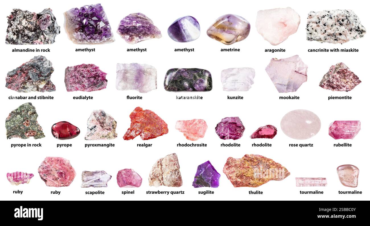 collection of natural pink minerals with names isolated on white ...