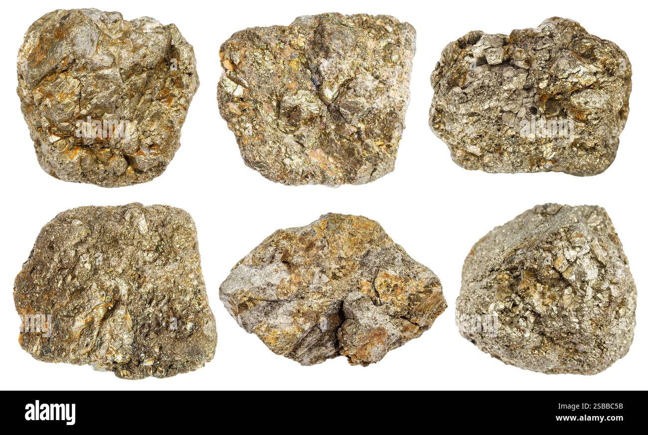 set of various samples of raw iron pyrite minerals isolated on white ...