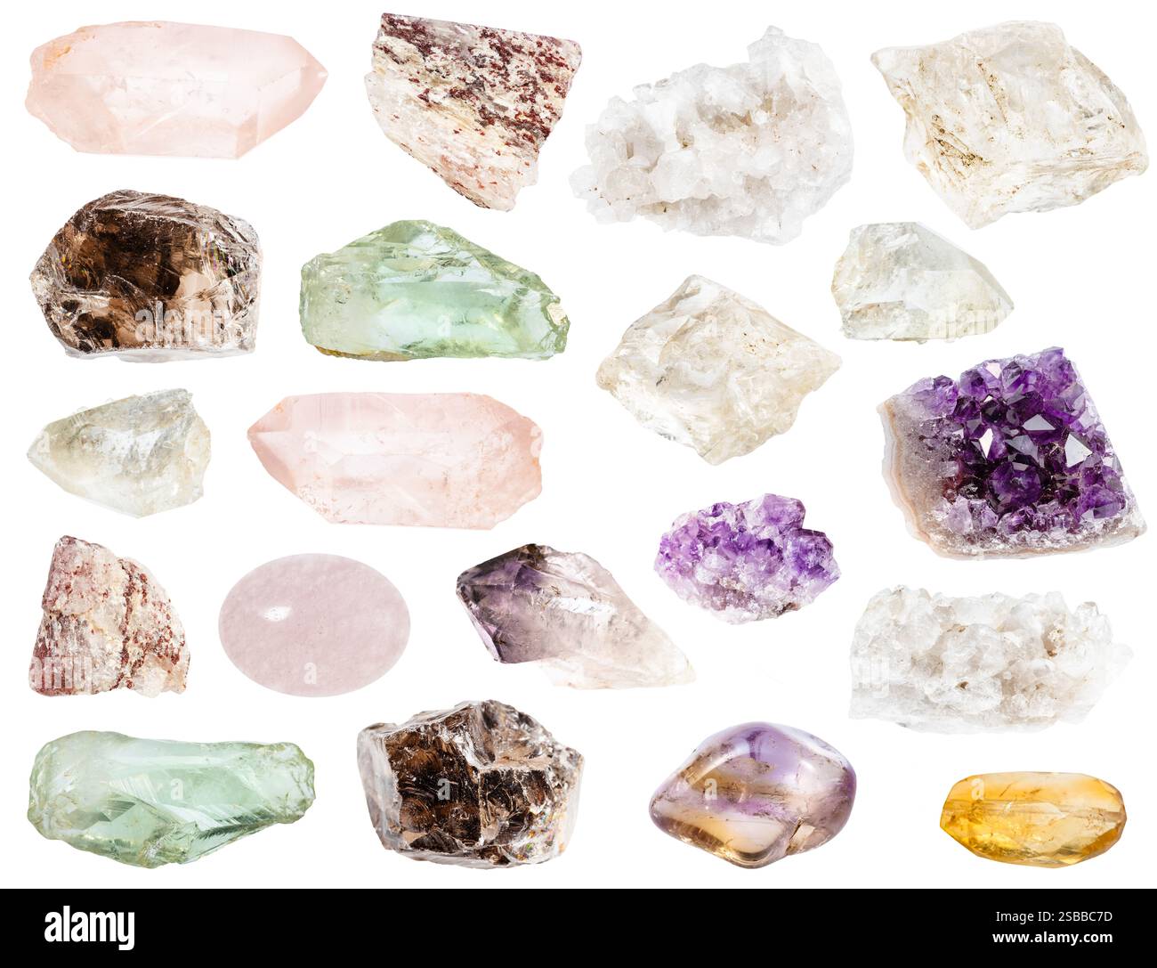 set of various samples of raw quartz rock crystals and minerals ...