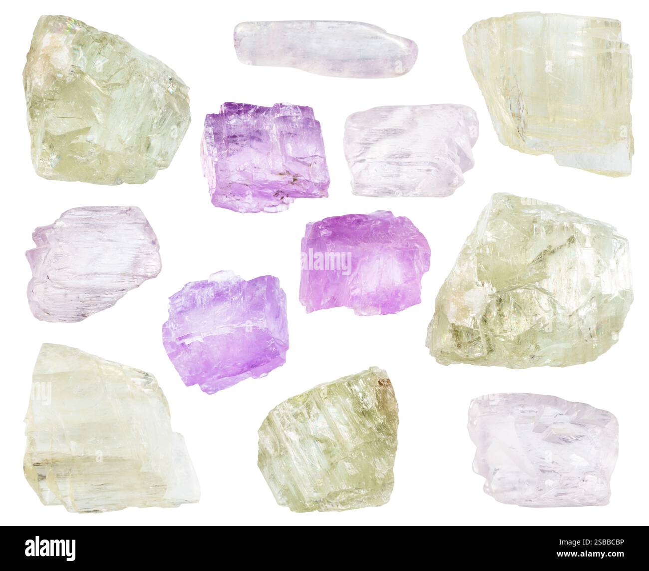 set of various samples of raw spodumene minerals isolated on white ...