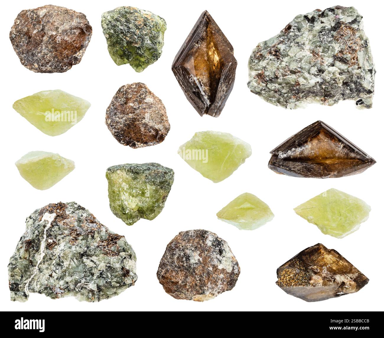 set of various samples of raw titanite minerals isolated on white ...