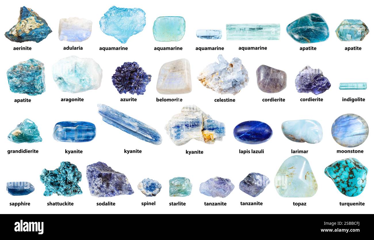 collection of blue raw minerals with names isolated on white background ...