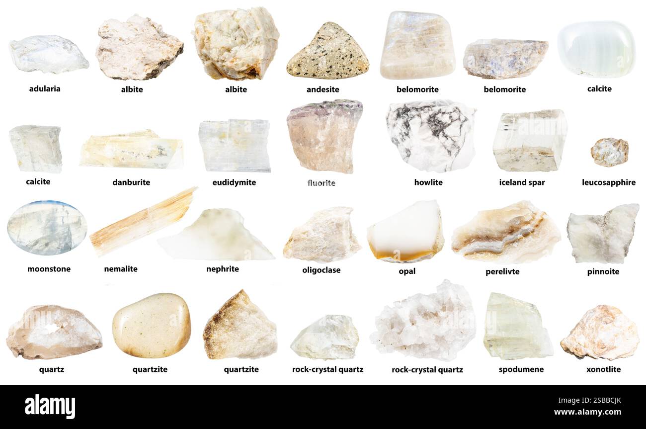 collection of raw white and colorless minerals with names isolated on ...