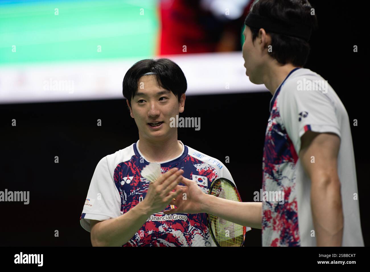 JIN Yong(L) and SEO Seung Jae(R) badminton players from Korea during ...
