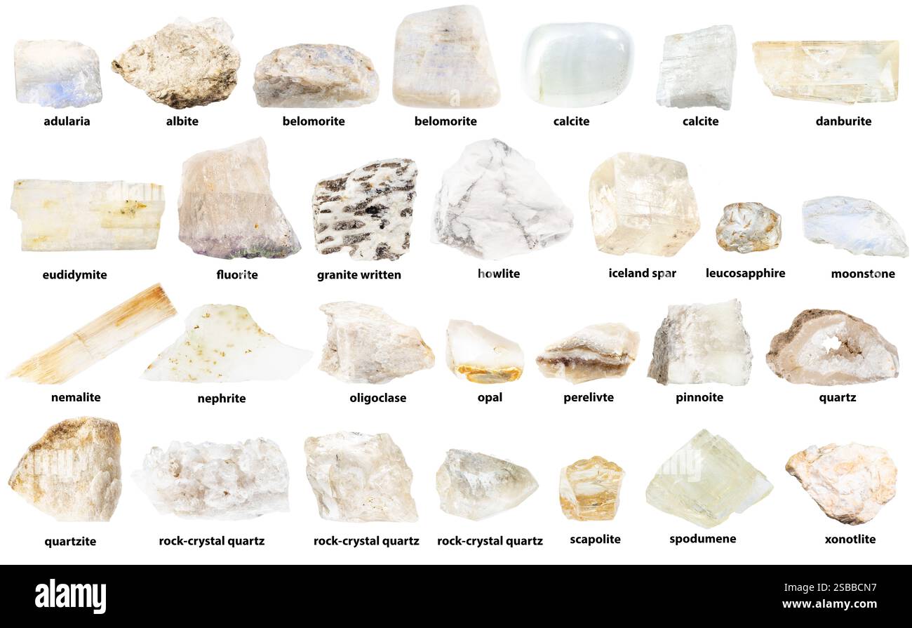 collection of natural white and colorless minerals with names isolated ...