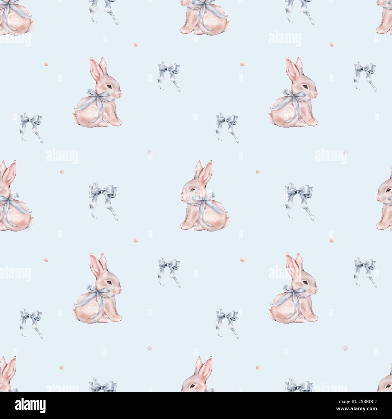 Watercolor seamless pattern with cute white rose bunny with blue bow ...