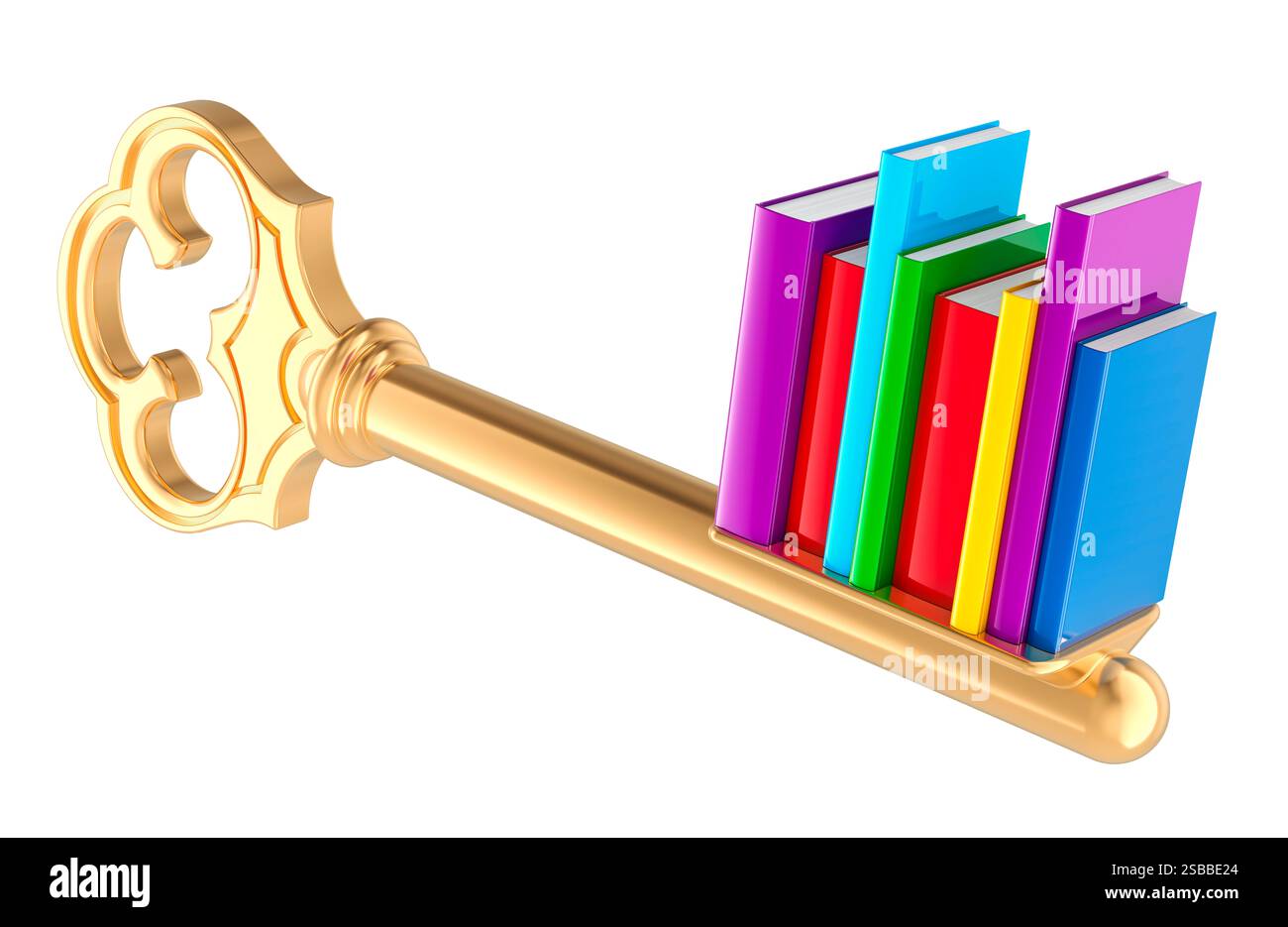 Key of knowledge, concept. Key with books. 3D rendering isolated on ...