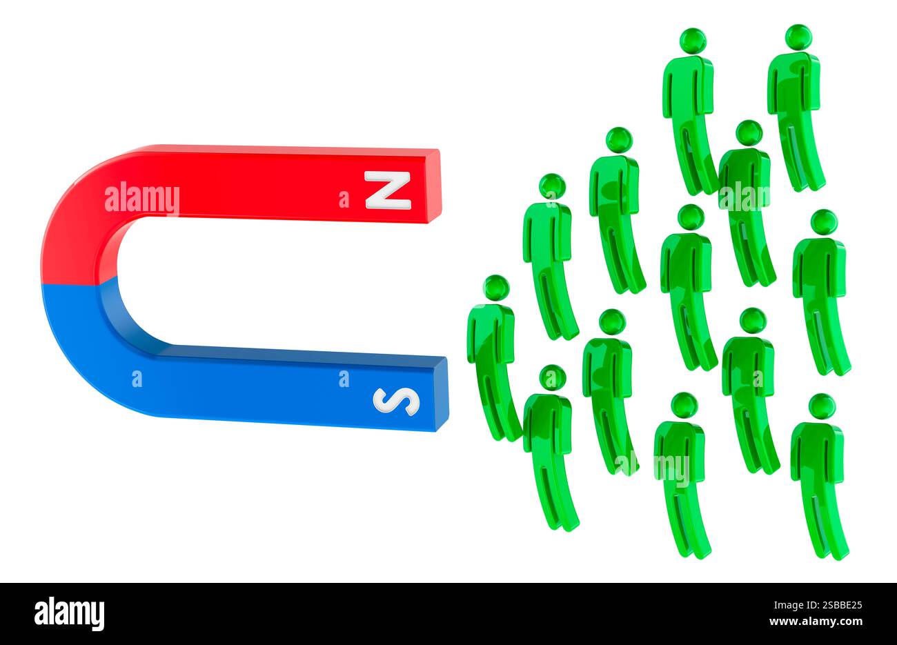 Magnet attracts figures of humans. 3D rendering isolated on white ...