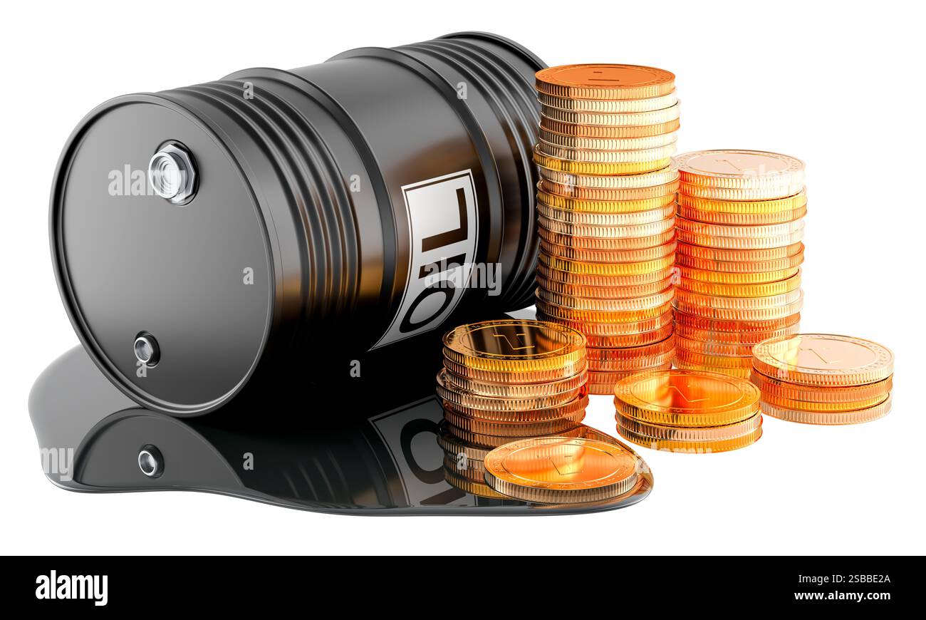 Oil barrel with golden coins. Oil production and trading concept. 3D ...