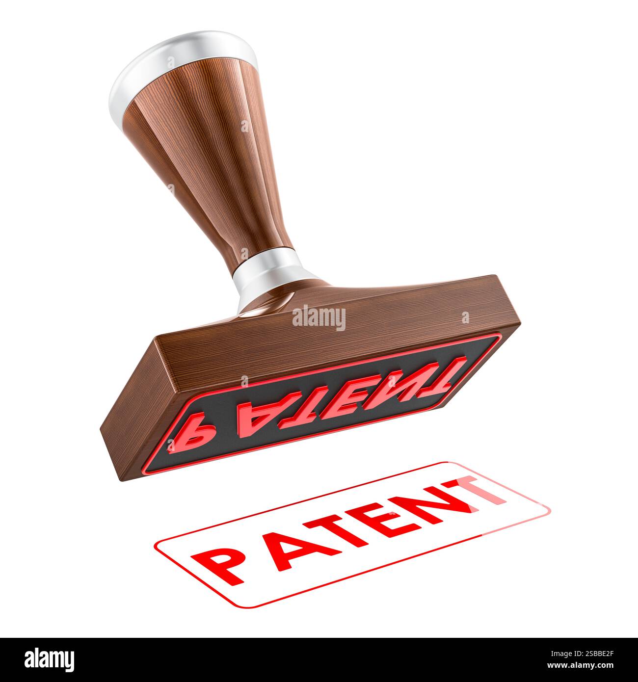 Patent stamp. Wooden stamper, seal with text patent, 3D rendering ...