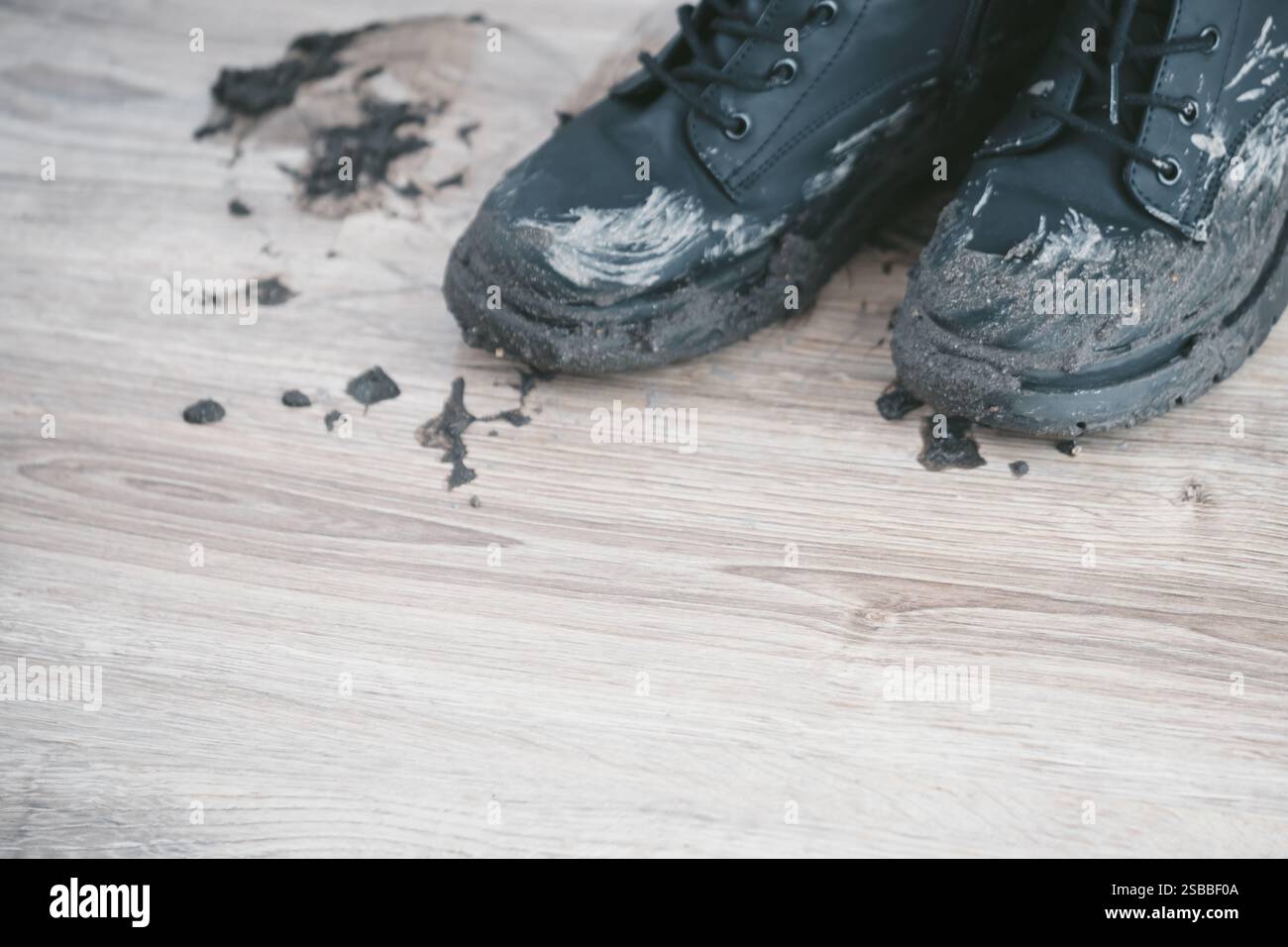 Muddy black boots and muddy footprints on a wooden floor, leaving a ...