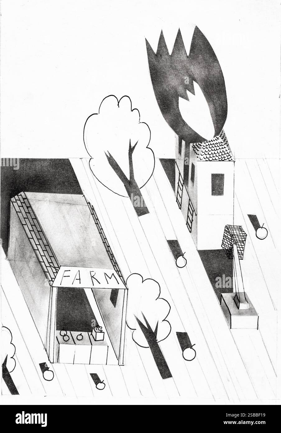 farm market, broken trees and fire in village hand drawn and printed ...
