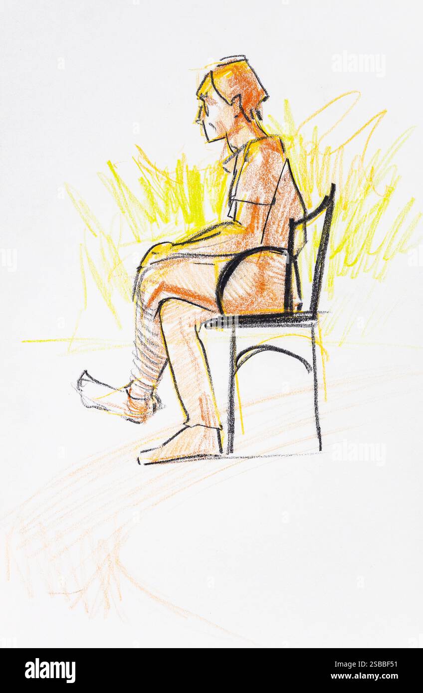 sketch of man sitting on chair hand drawn with colored pencils on white ...