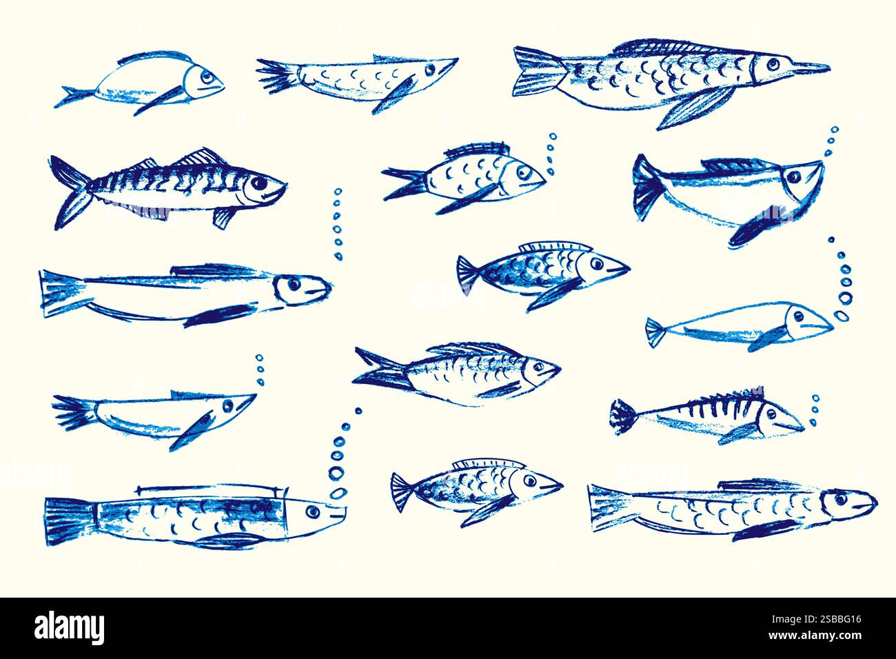 Crayon hand drawn set of various fishes. Doodle shapes. Cute sea ...