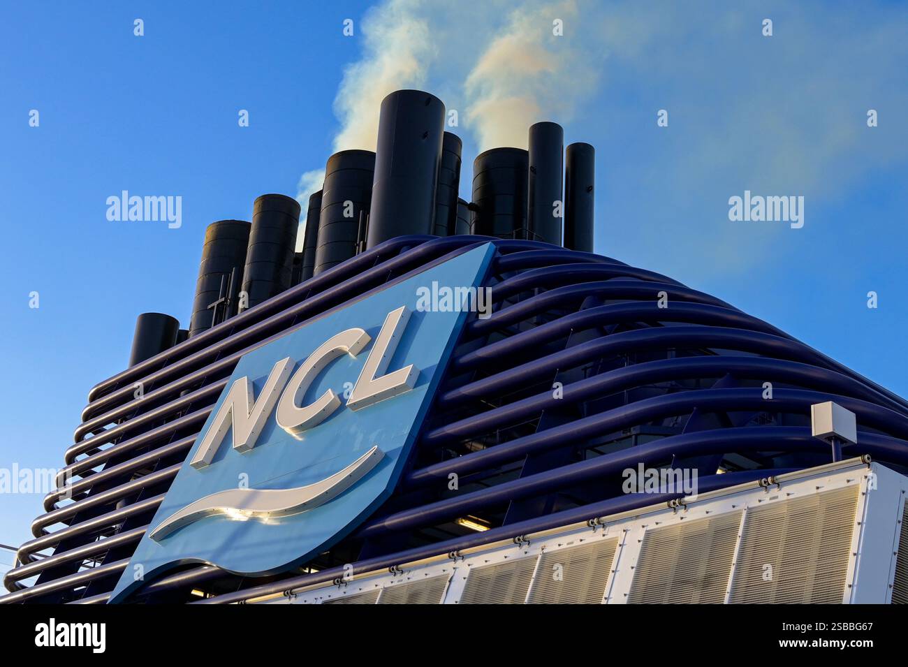 At sea, Atlantic Ocean - 8 January 2025: Logo of the Norwegian Cruise ...