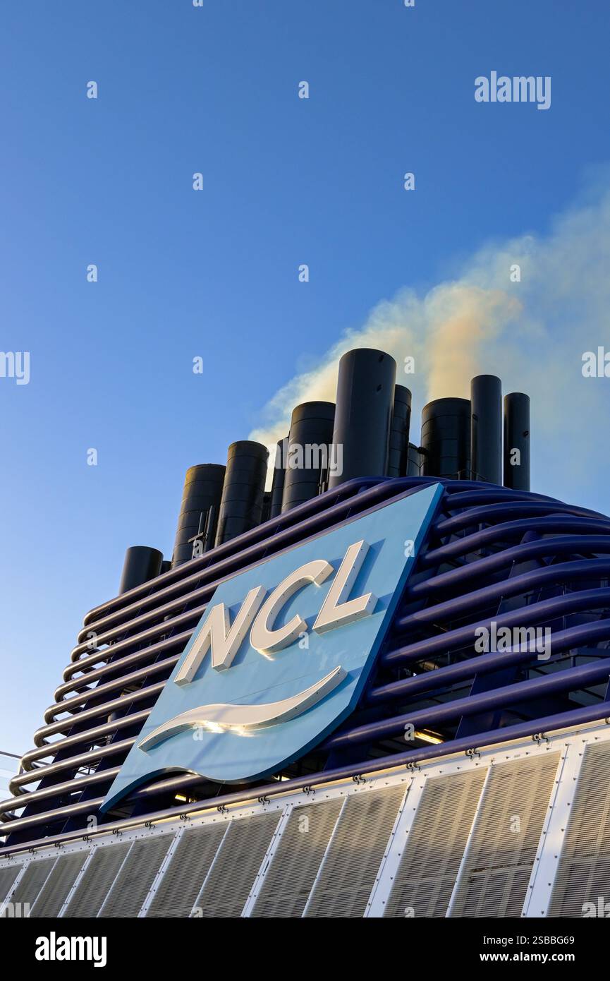 At sea, Atlantic Ocean - 8 January 2025: Logo of the Norwegian Cruise ...
