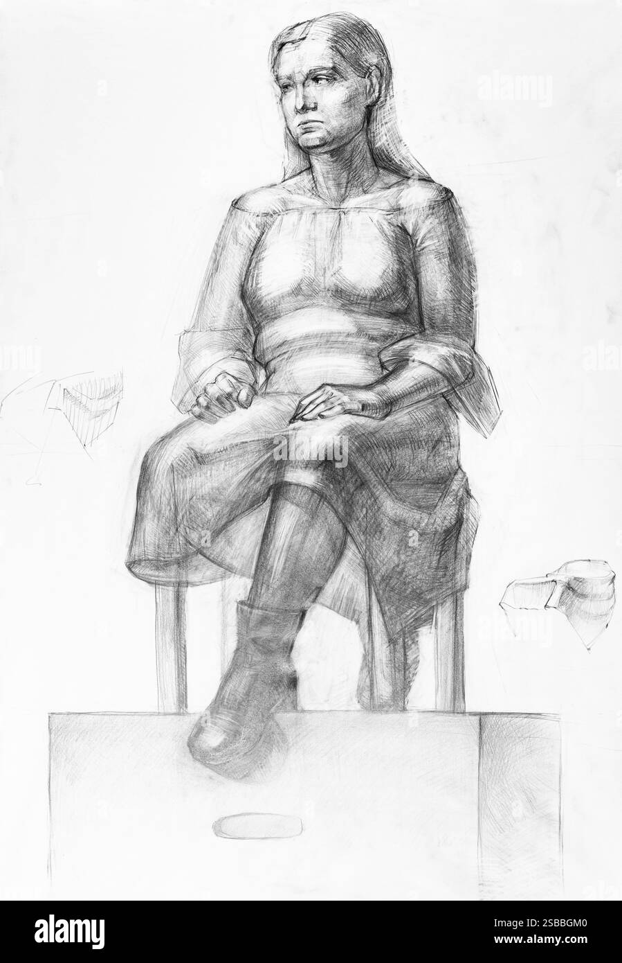 dressed female model sitting on stool on podium hand drawn with ...