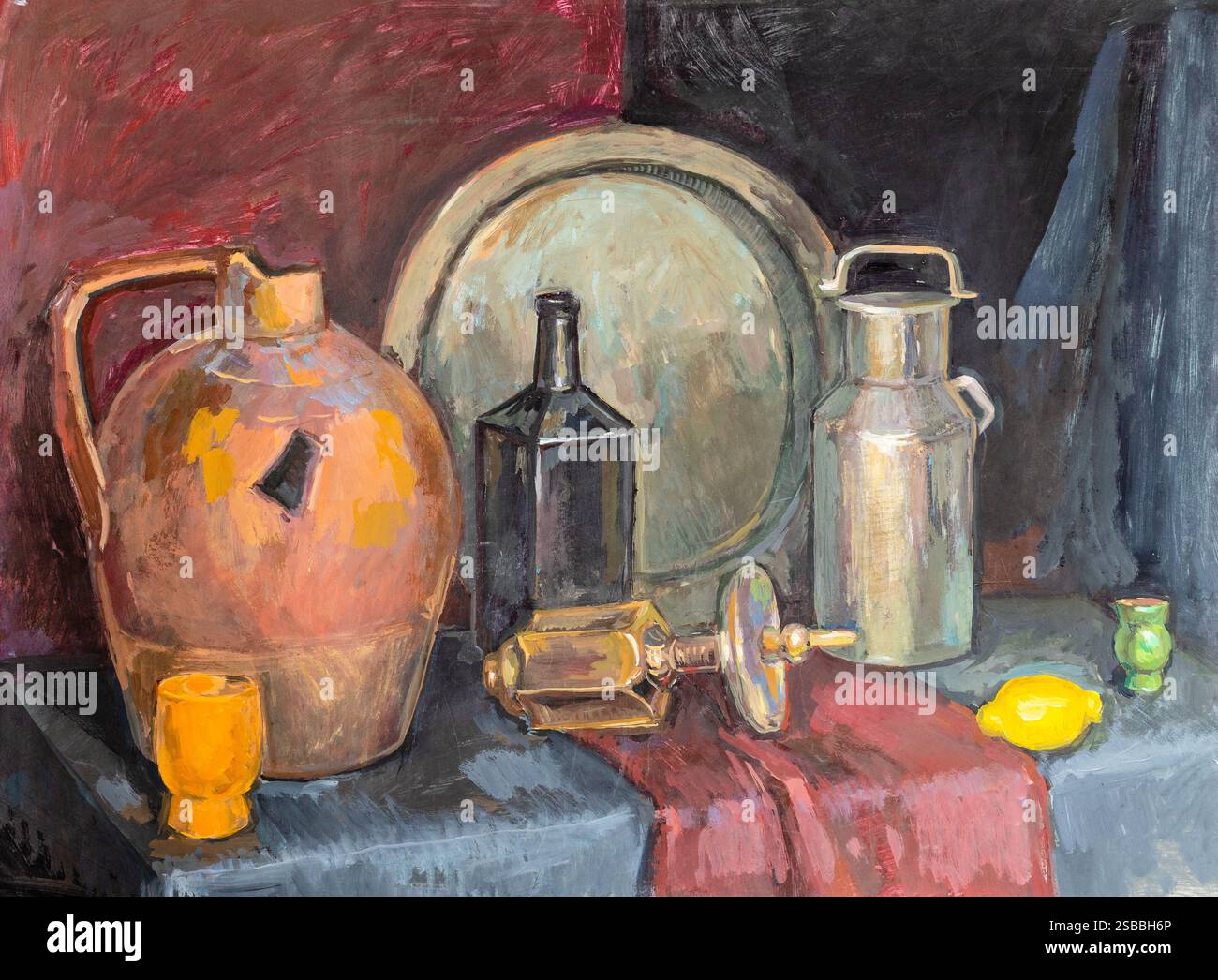 Still life with jug, water can, glass bottle and round metal tray hand ...