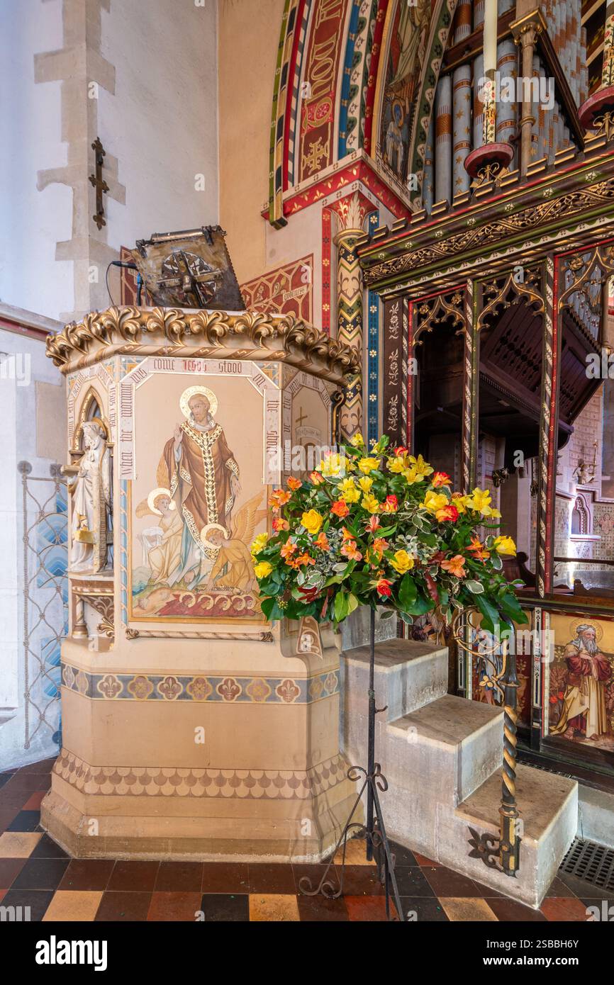 St Peter's Church in Hascombe village in the Surrey Hills AONB, England, UK. Interior view or ...
