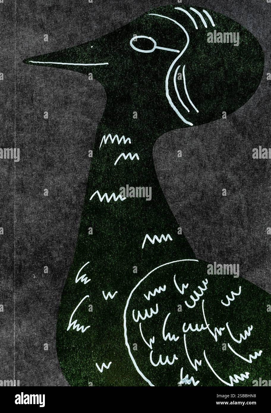 decorative dark green bird with white ornaments hand drawn on black ...