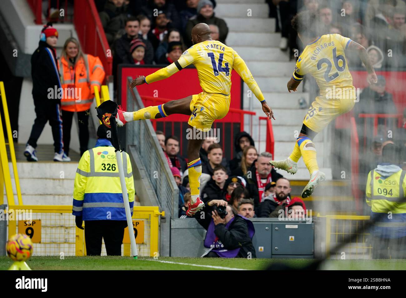 Crystal Palace's Jean-Philippe Mateta, left, kicks the corner flag as ...