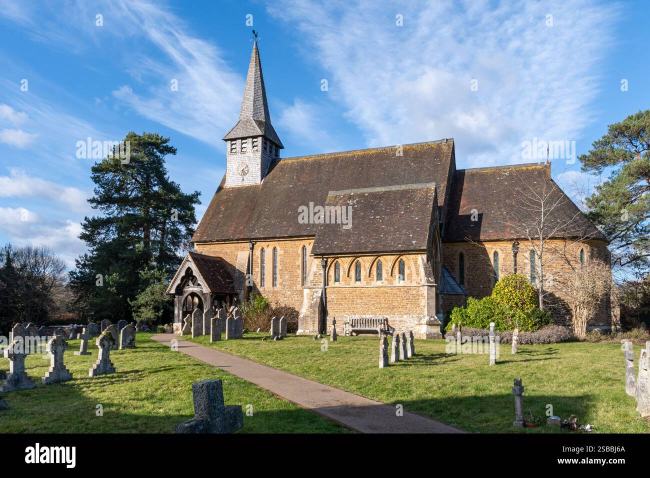St Peter's Church in Hascombe village in the Surrey Hills AONB, England, UK, exterior view of ...