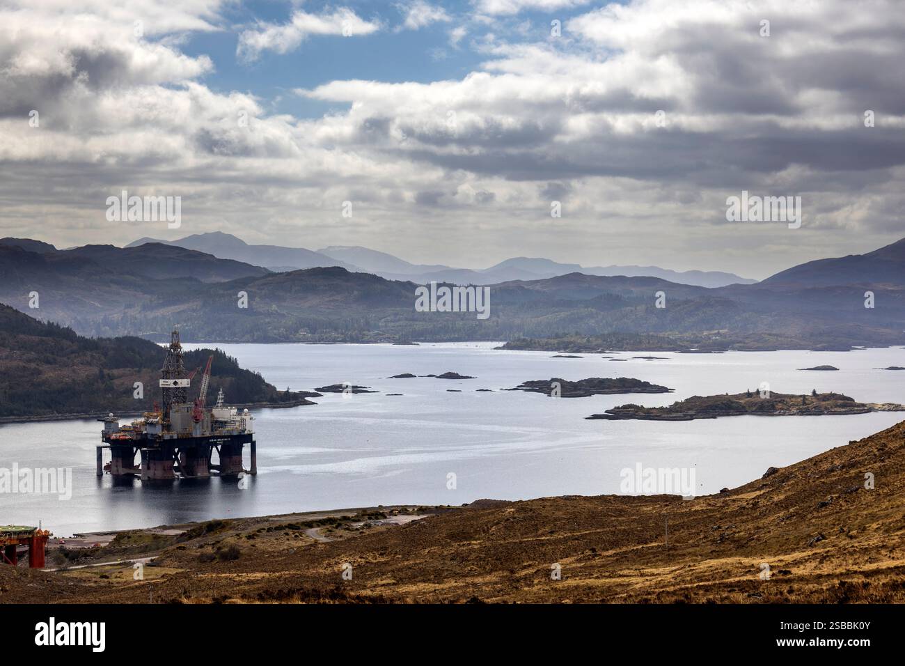 Loch Kishorn with oil rig from Applecross road, Highland region, Wester Ross, Scotland, UK Stock ...
