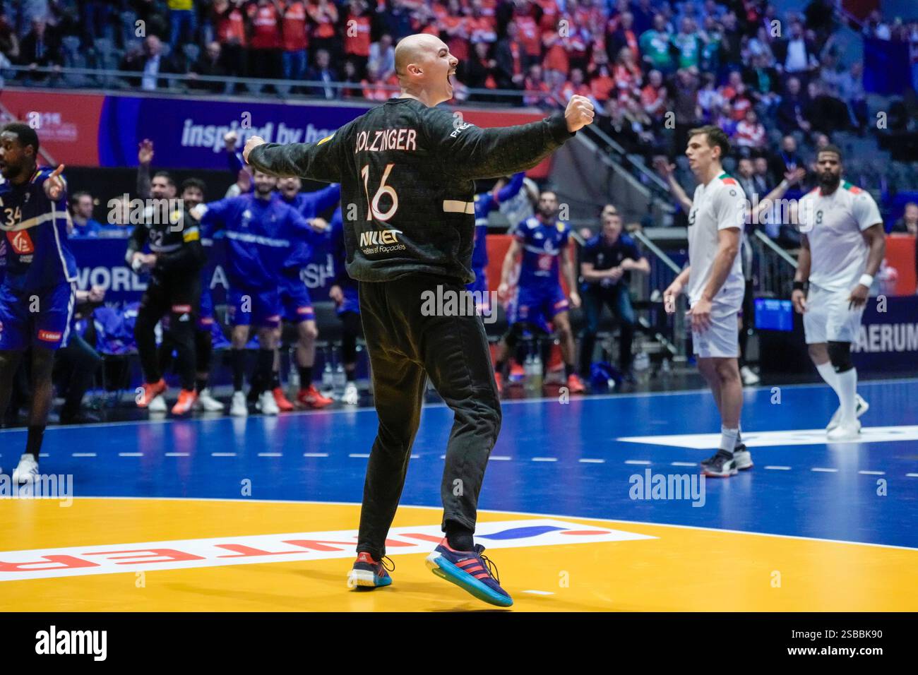 Fornebu 20250202. Charles Bolzinger celebrates after a decisive save ...