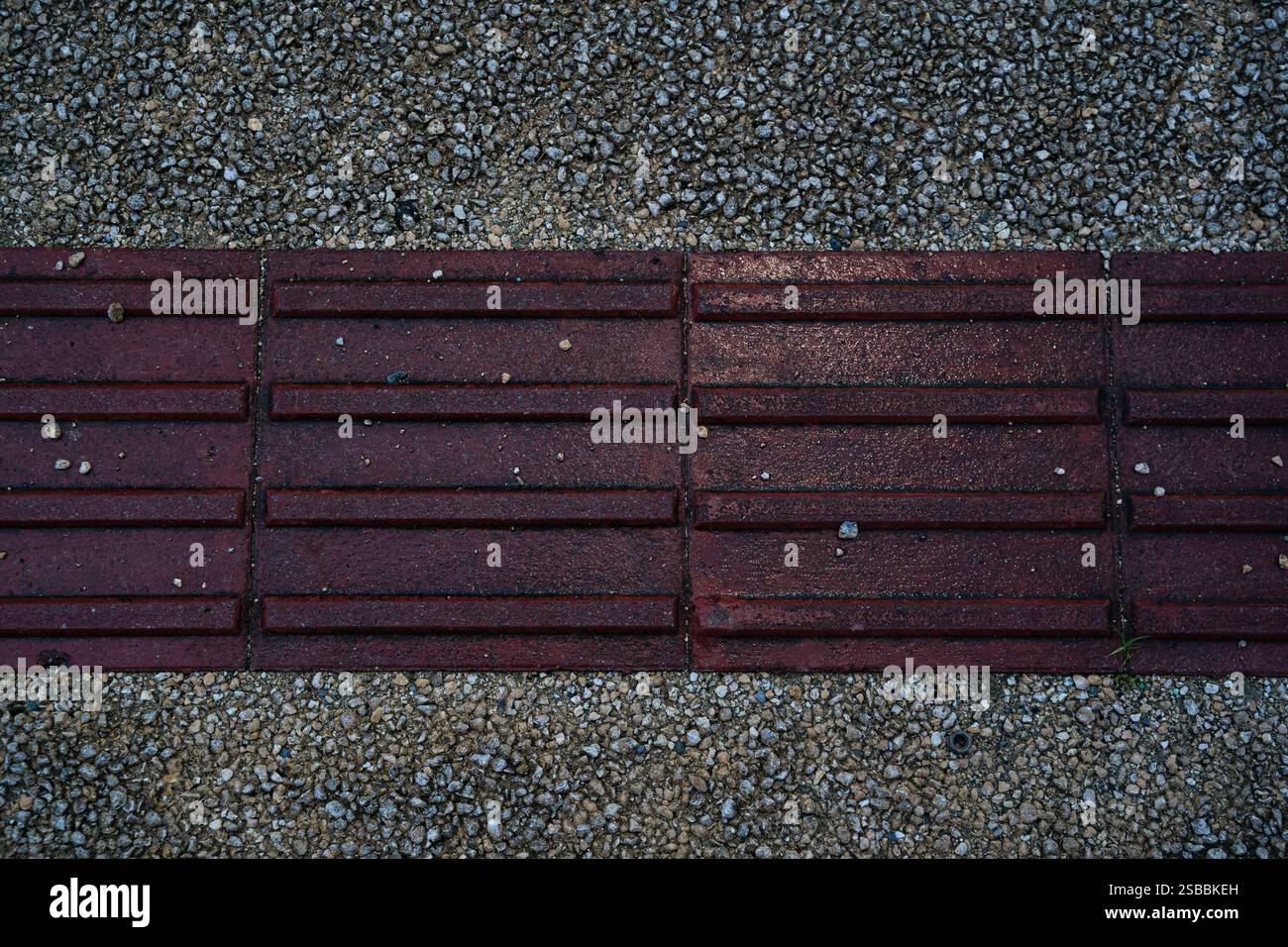 a Top angle view of textured red Braille block, tactile paving for ...