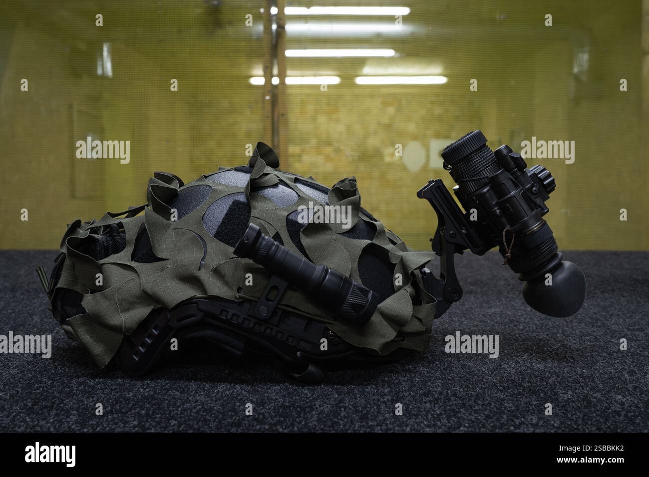 Tactical helmet with installed modern night vision device and ir ...