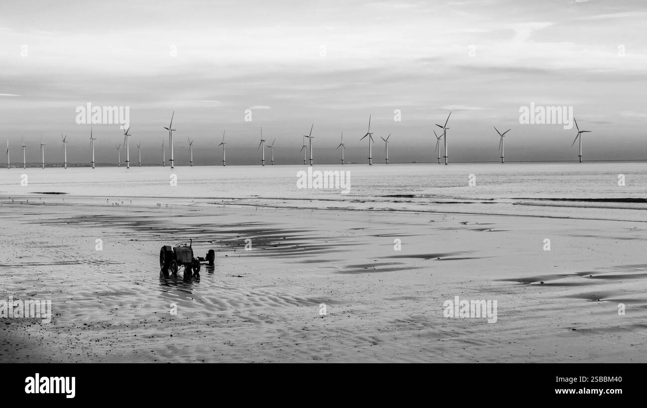 Tractor on Beach and Windfarm. Coatham. Redcar Stock Photo - Alamy