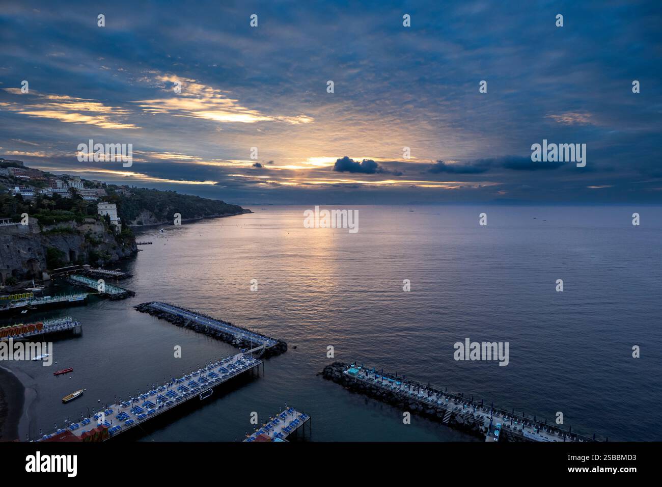 Bathing Beach and piers at sunset,n Sorrento Bay of Naples, Amalfi ...