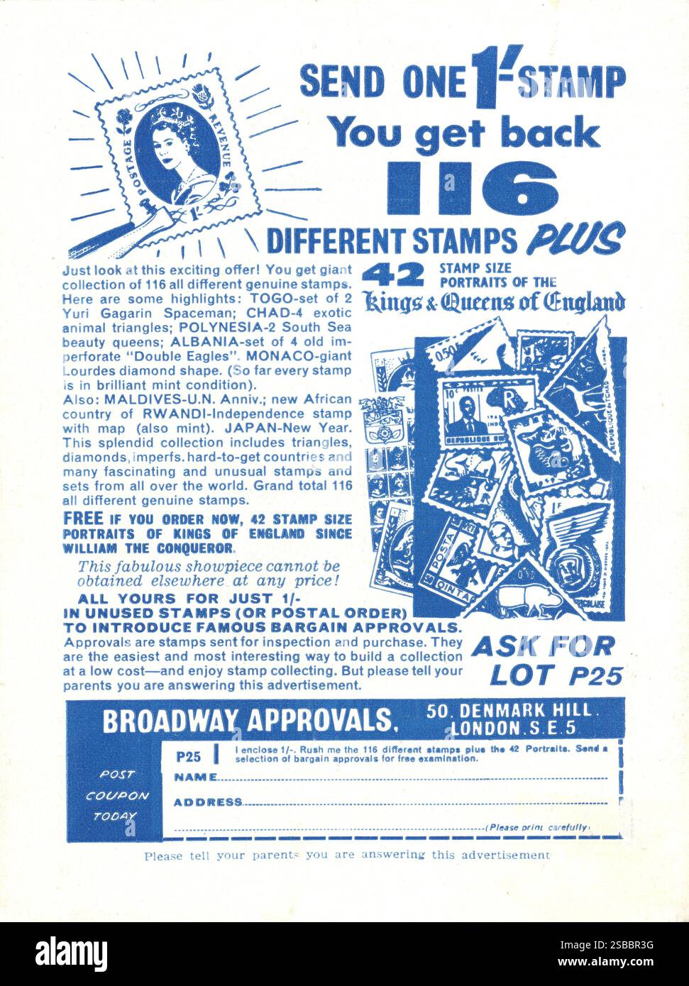 Stamp collectors. 1963 Advert for stamps on approval, 116 stamps from ...